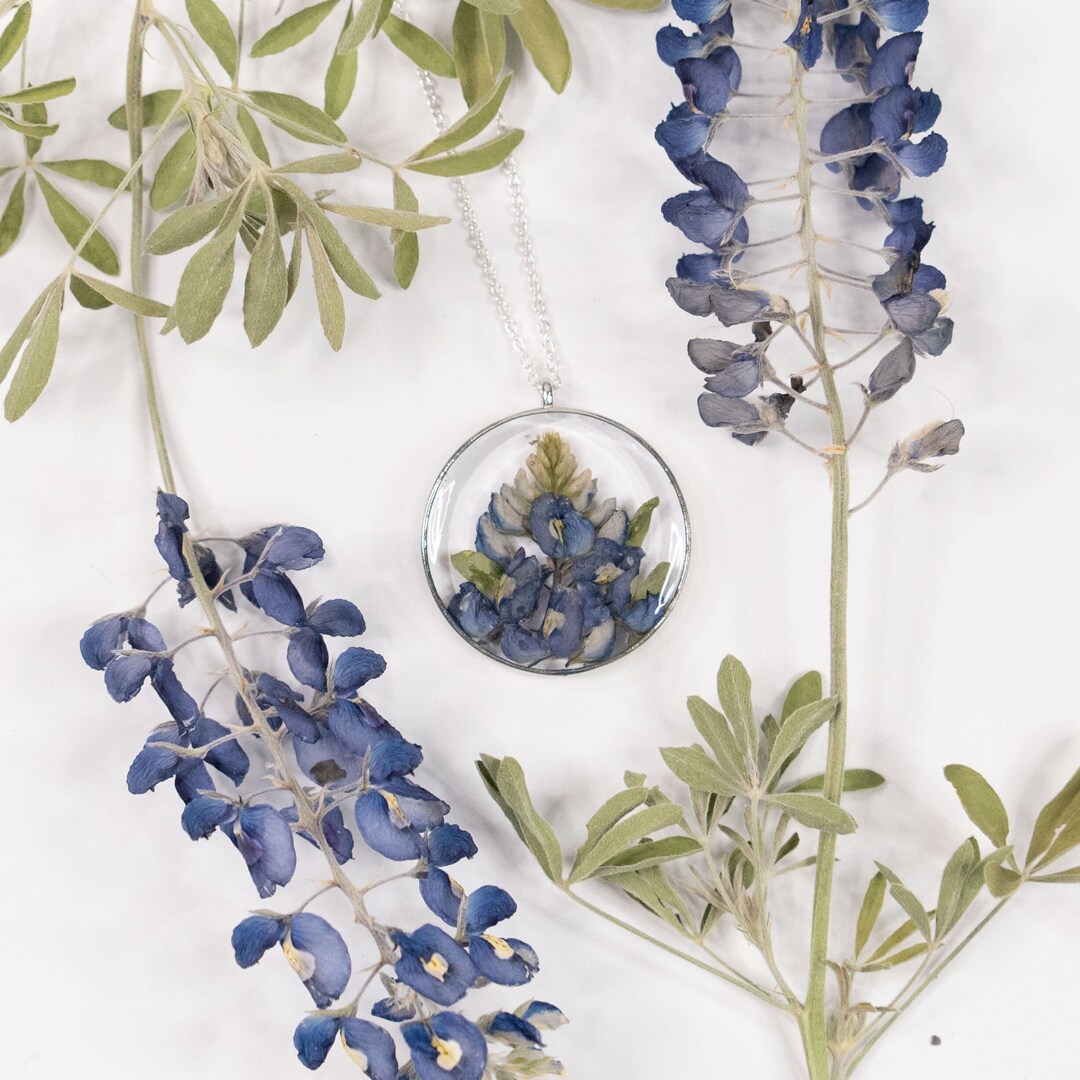 Bluebonnet Round Necklace: Resin Art, Real Dried Flower Pendant ...