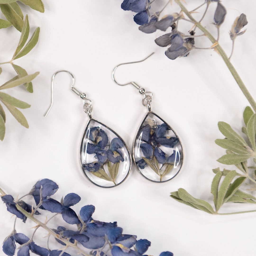 Bluebonnet Teardrop Earrings: Resin Art, Real Dried Flowers ...