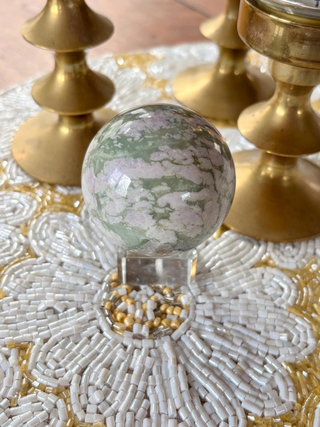 Peace Jade Sphere, Green Serpentine With Lavender Stichtite and White ...