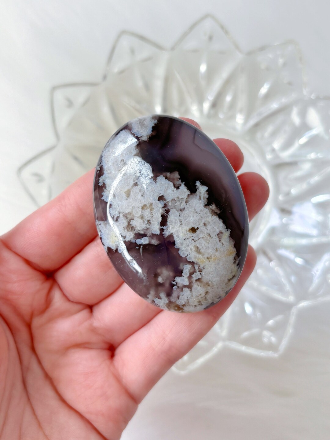 Black Flower Agate Crystal, Black Flower Agate Palm Stone, Natural ...
