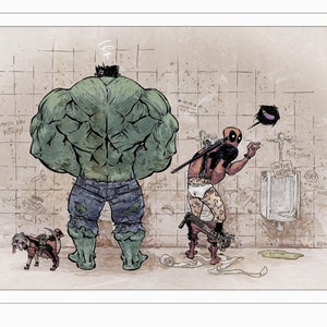 Deadpool Hulk Bathroom Art Print, Funny Superhero Illustration, Marvel ...