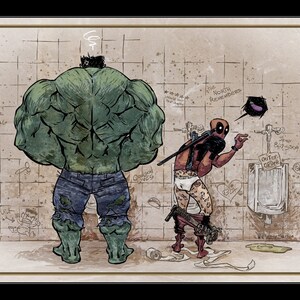 Deadpool Illustration, Funny Bathroom Art, Superhero Bathroom Art, Hulk ...