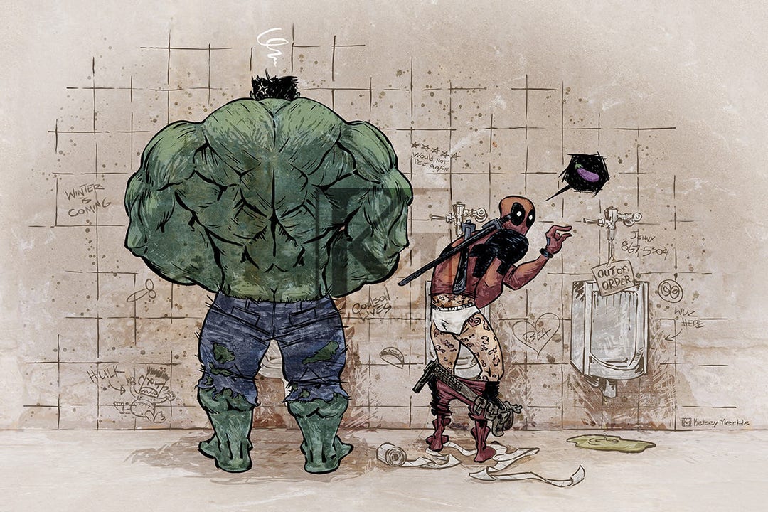 Deadpool Illustration, Funny Bathroom Art, Superhero Bathroom Art, Hulk ...