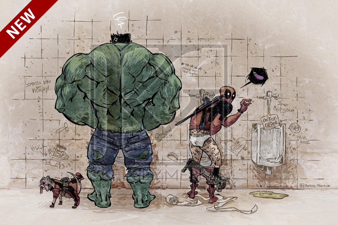Deadpool Hulk Bathroom Art Print, Funny Superhero Illustration, Marvel ...
