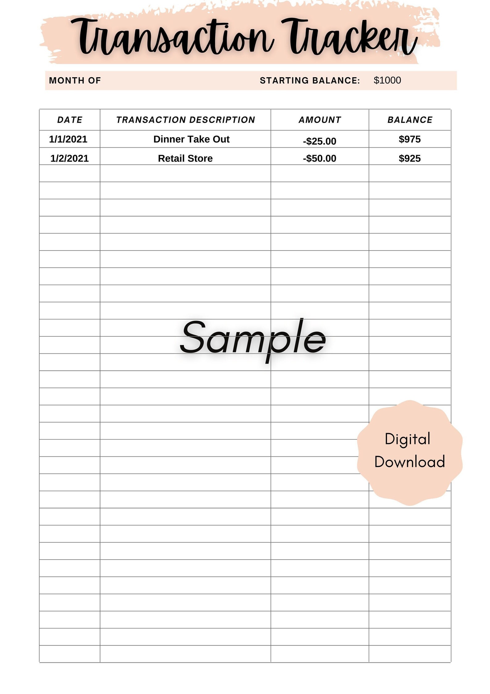 Transaction Tracker Template Printable Download - Etsy