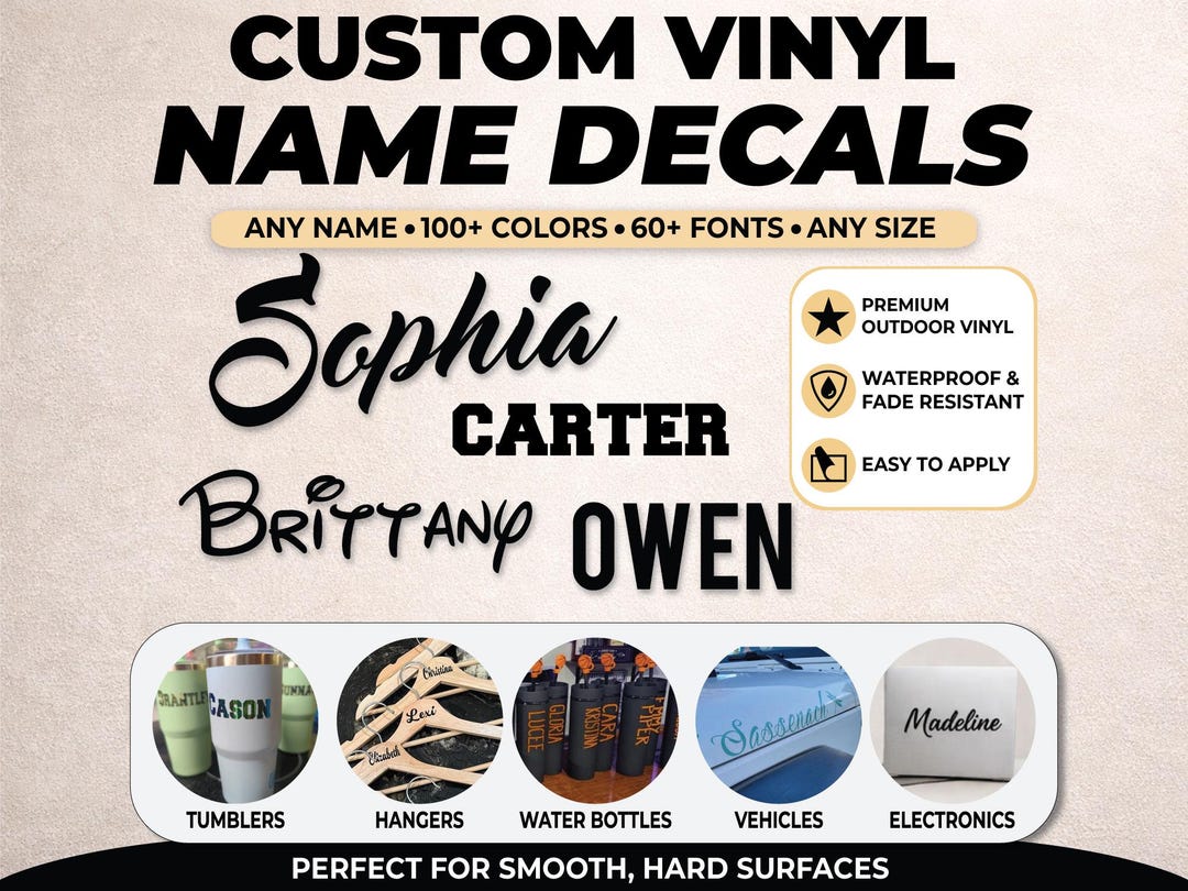 Custom Vinyl Name Decals: Tumbler, Car, Laptop Stickers - Etsy