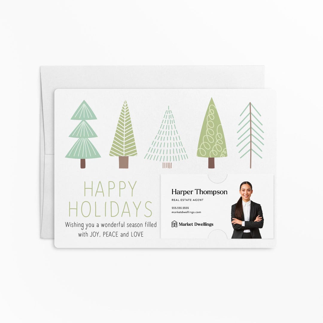 SET of Happy Holidays With Green Trees Mailer | Client Holiday Card ...