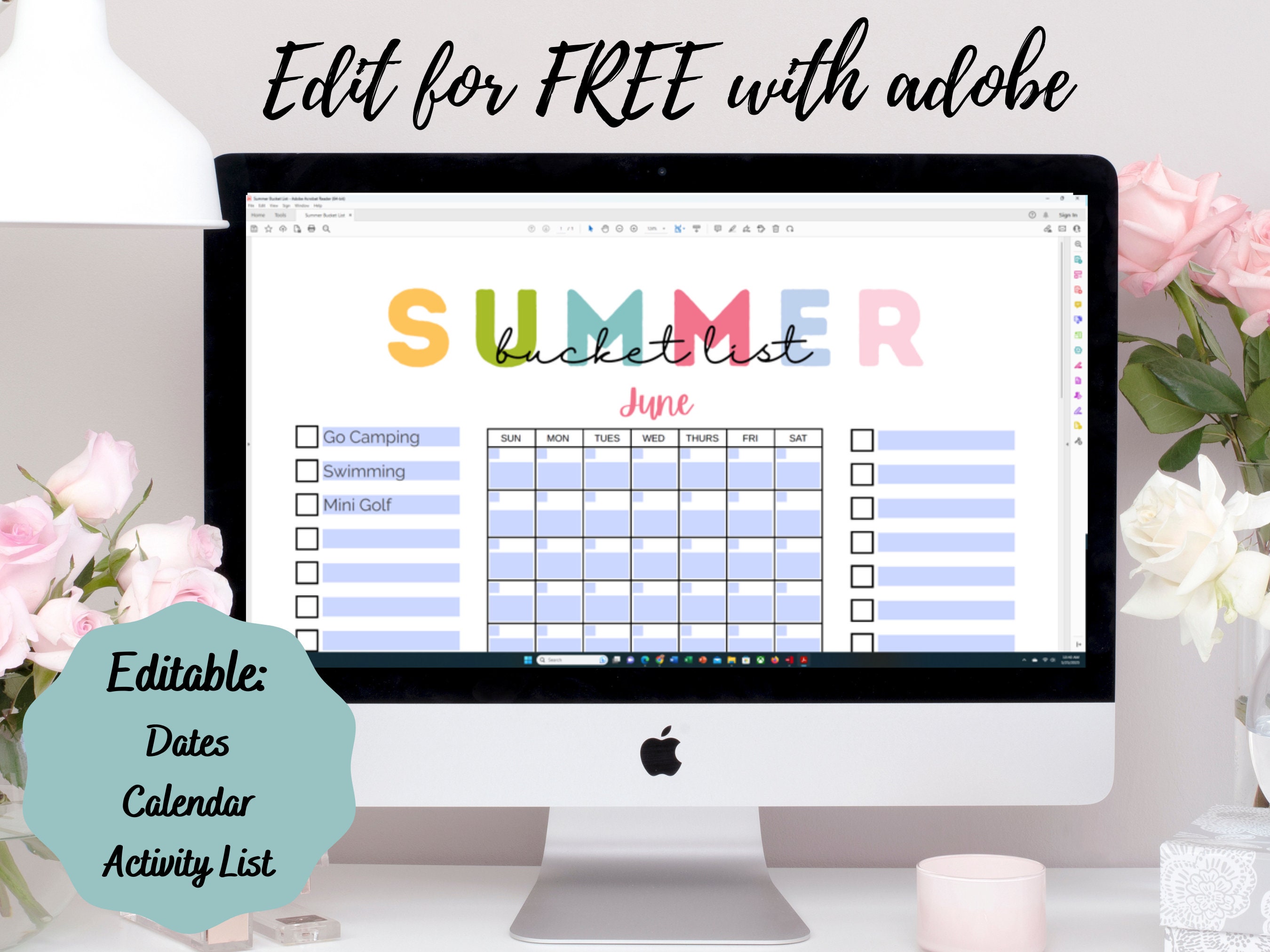 EDITABLE Summer Bucket List Summer Fun Calendar Summer Fun Poster ...