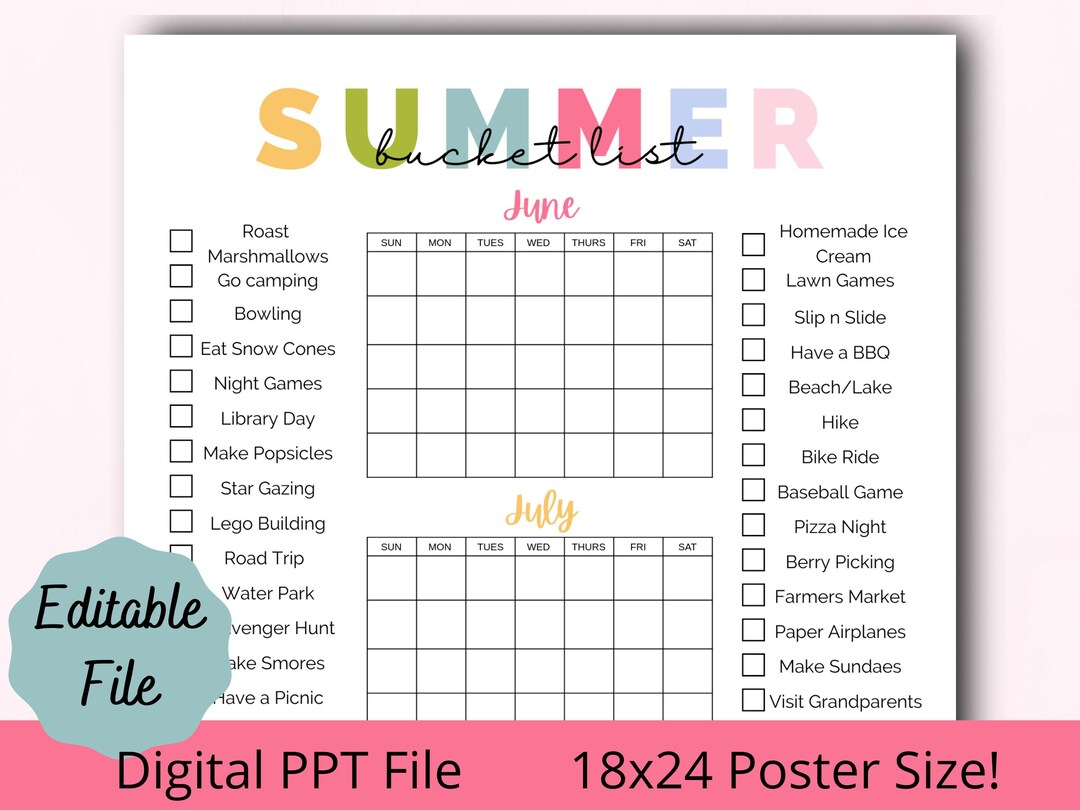 EDITABLE IN POWERPOINT Summer Bucket List Summer Fun Calendar Summer ...