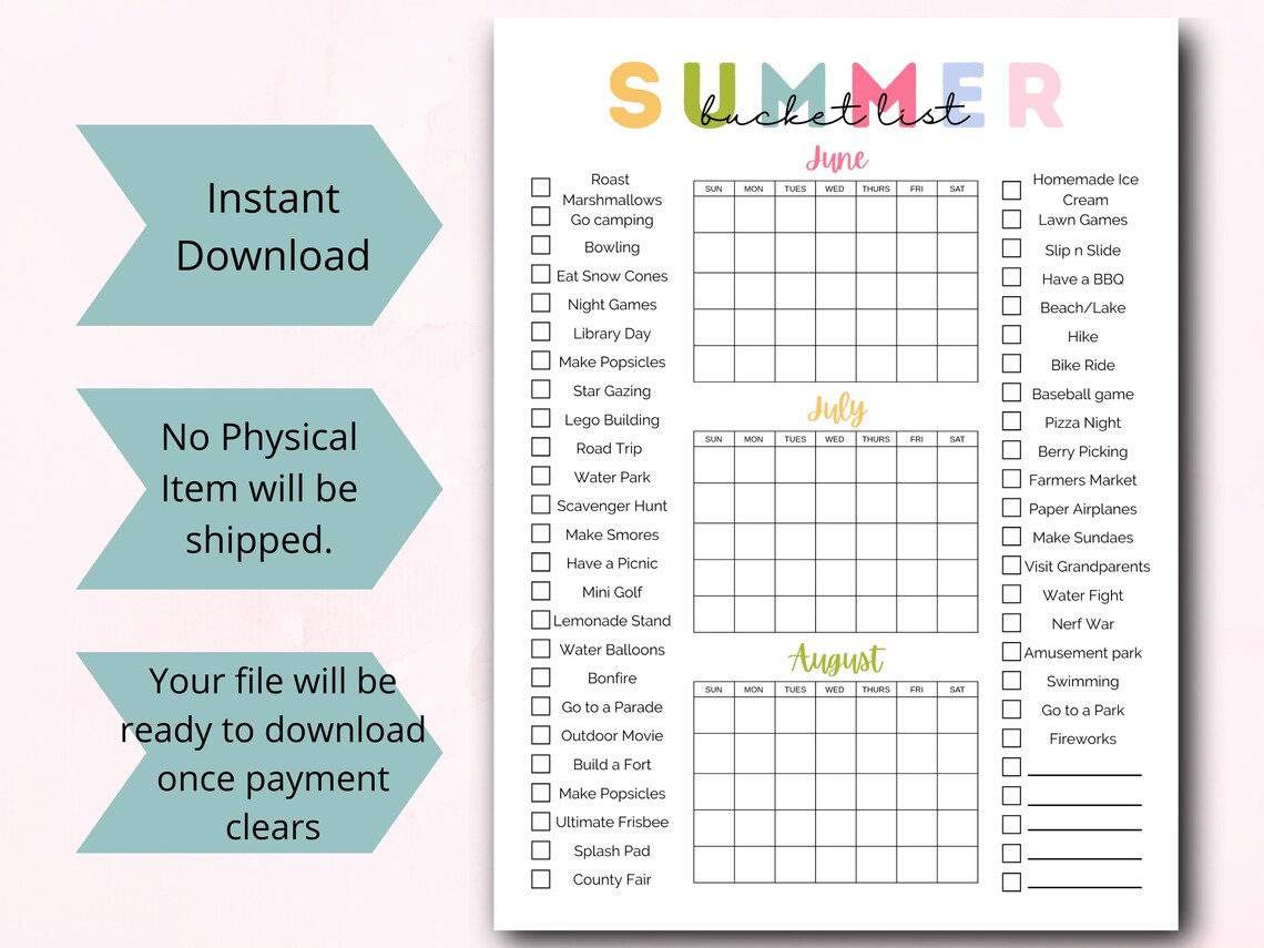 EDITABLE Summer Bucket List Summer Fun Calendar Summer Fun Poster ...