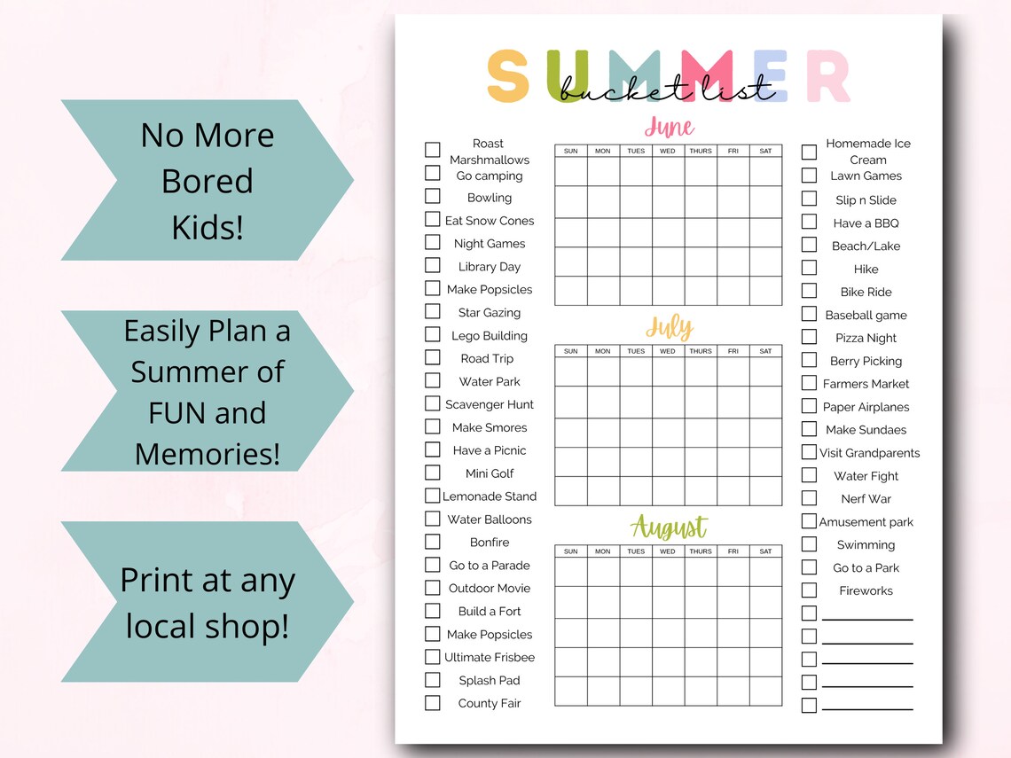 EDITABLE Summer Bucket List Summer Fun Calendar Summer Fun Poster ...