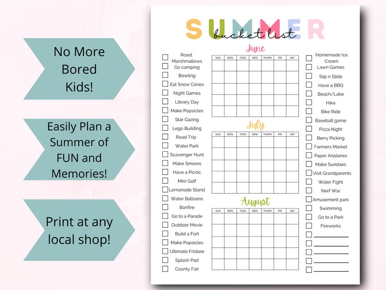 EDITABLE Summer Bucket List Summer Fun Calendar Summer Fun Poster ...