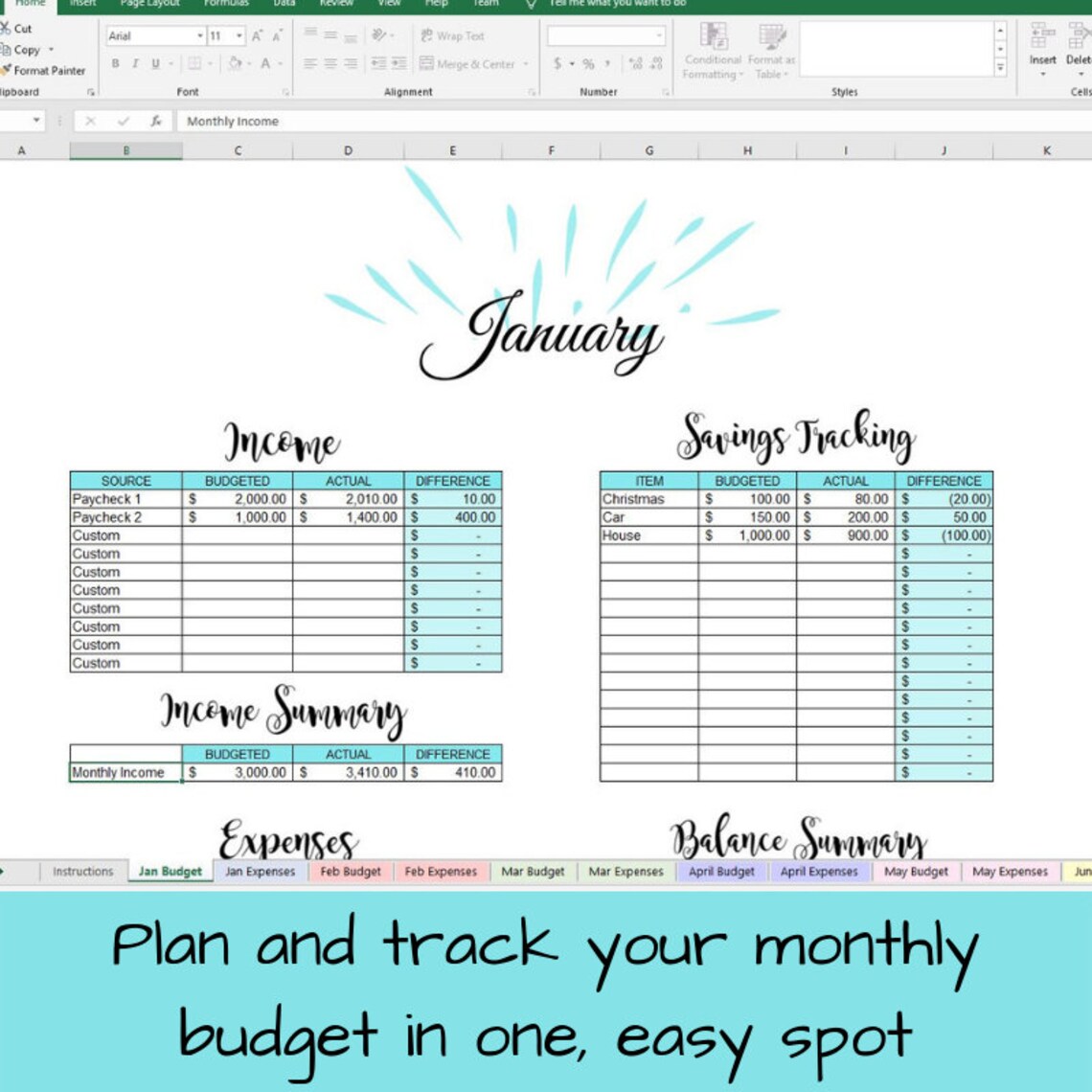 Excel Budget Template - Family Budget Spreadsheet - Monthly Expense ...