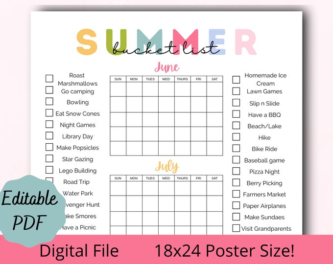 EDITABLE Summer Bucket List Summer Fun Calendar Summer Fun Poster ...