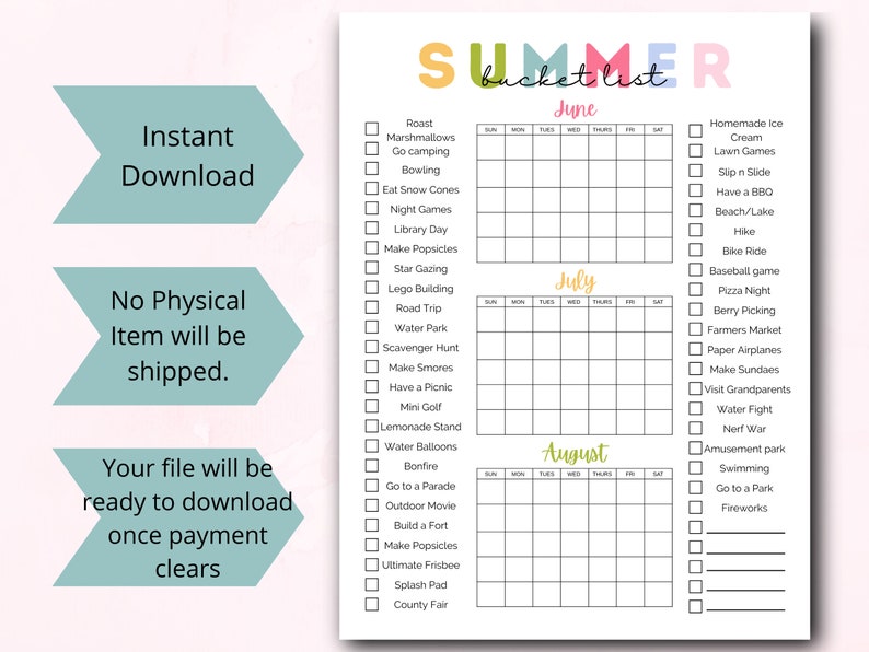 Summer Bucket List, Summer Fun Calendar, Summer Fun Poster, Summer ...
