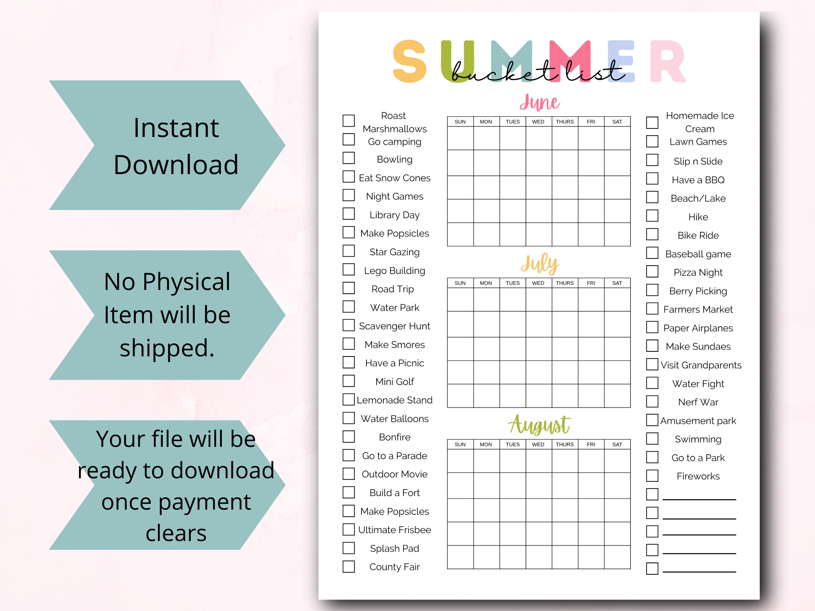 Summer Bucket List, Summer Fun Calendar, Summer Fun Poster, Summer ...