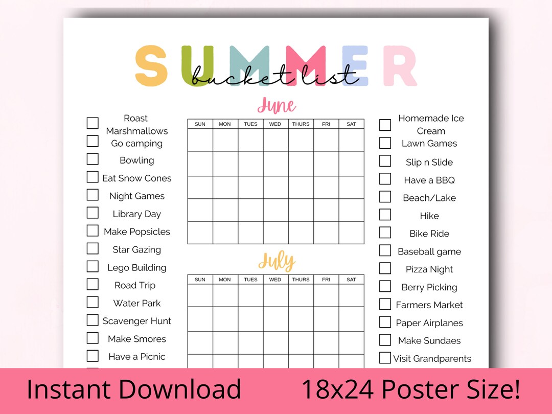 Summer Bucket List, Summer Fun Calendar, Summer Fun Poster, Summer ...