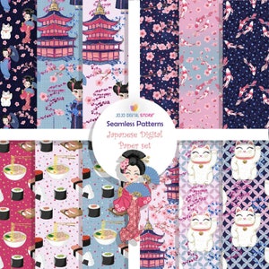 Adorable Japanese Cherry Blossom Digital Paper Set, Seamless Pattern ...