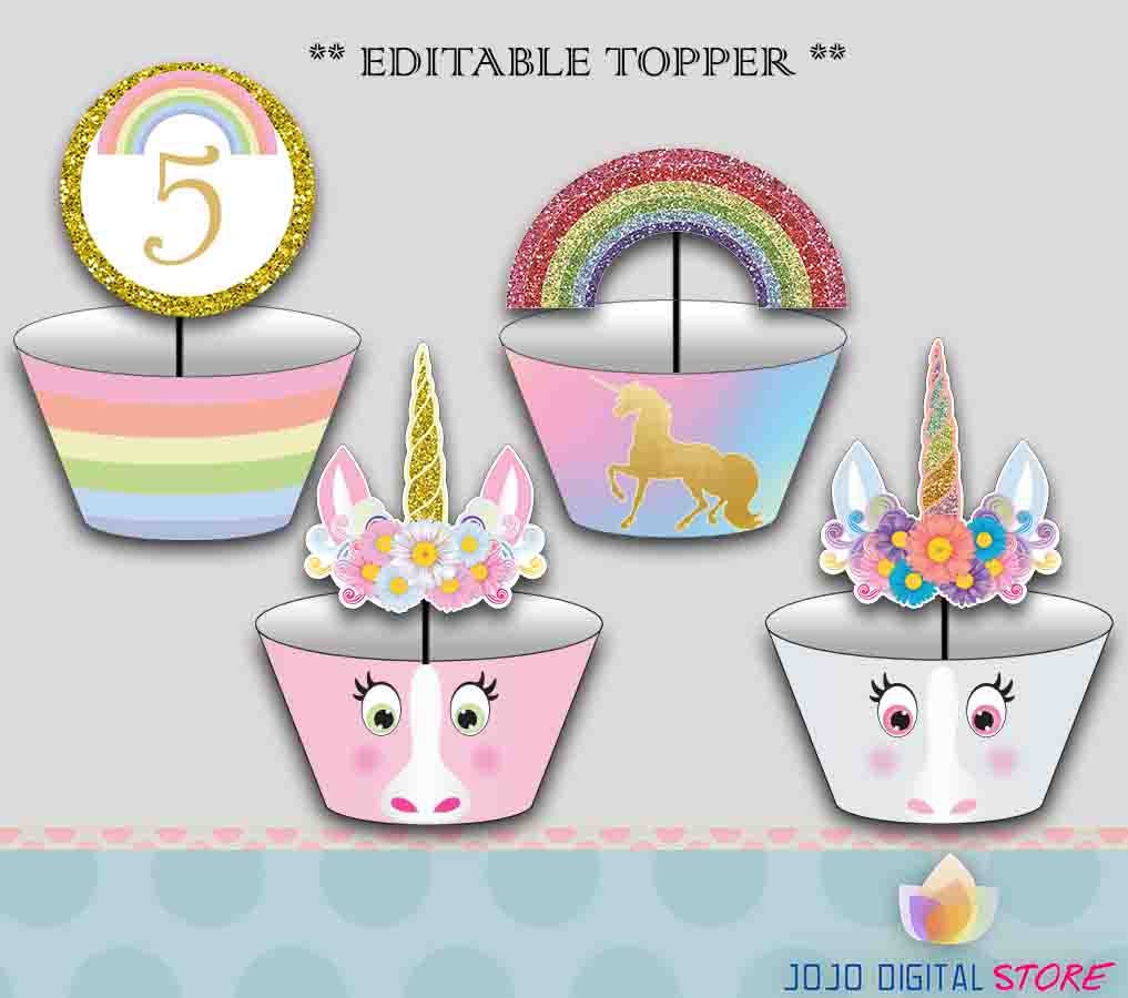 Editable Unicorn Cupcake topper & Cupcake wrapper set for | Etsy