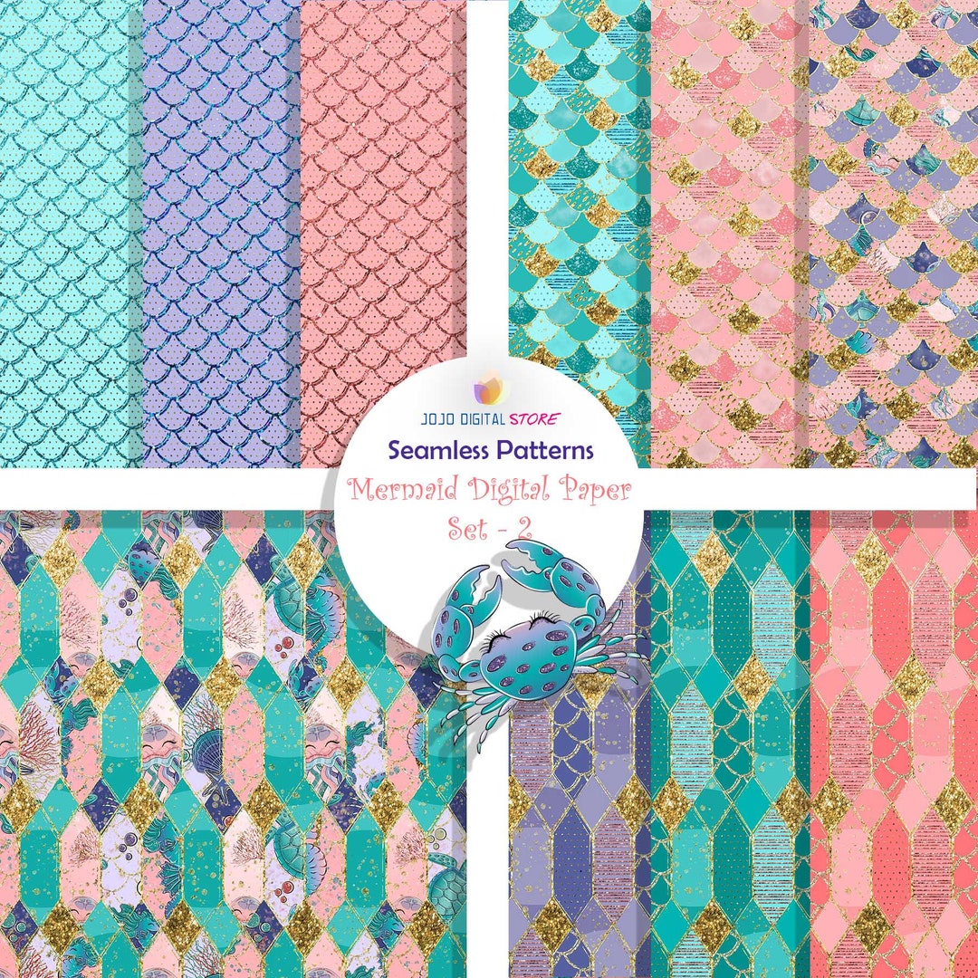 Adorable Mermaid Digital Paper Set, Seamless Pattern, Glitter Mermaid ...