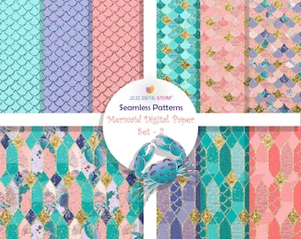 Adorable Mermaid Digital Paper Set Seamless Pattern Glitter | Etsy
