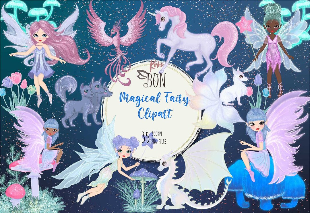 Magical Fairy Clipart, Graphics, Watercolor Fairies, Unicorn, Kitsune ...