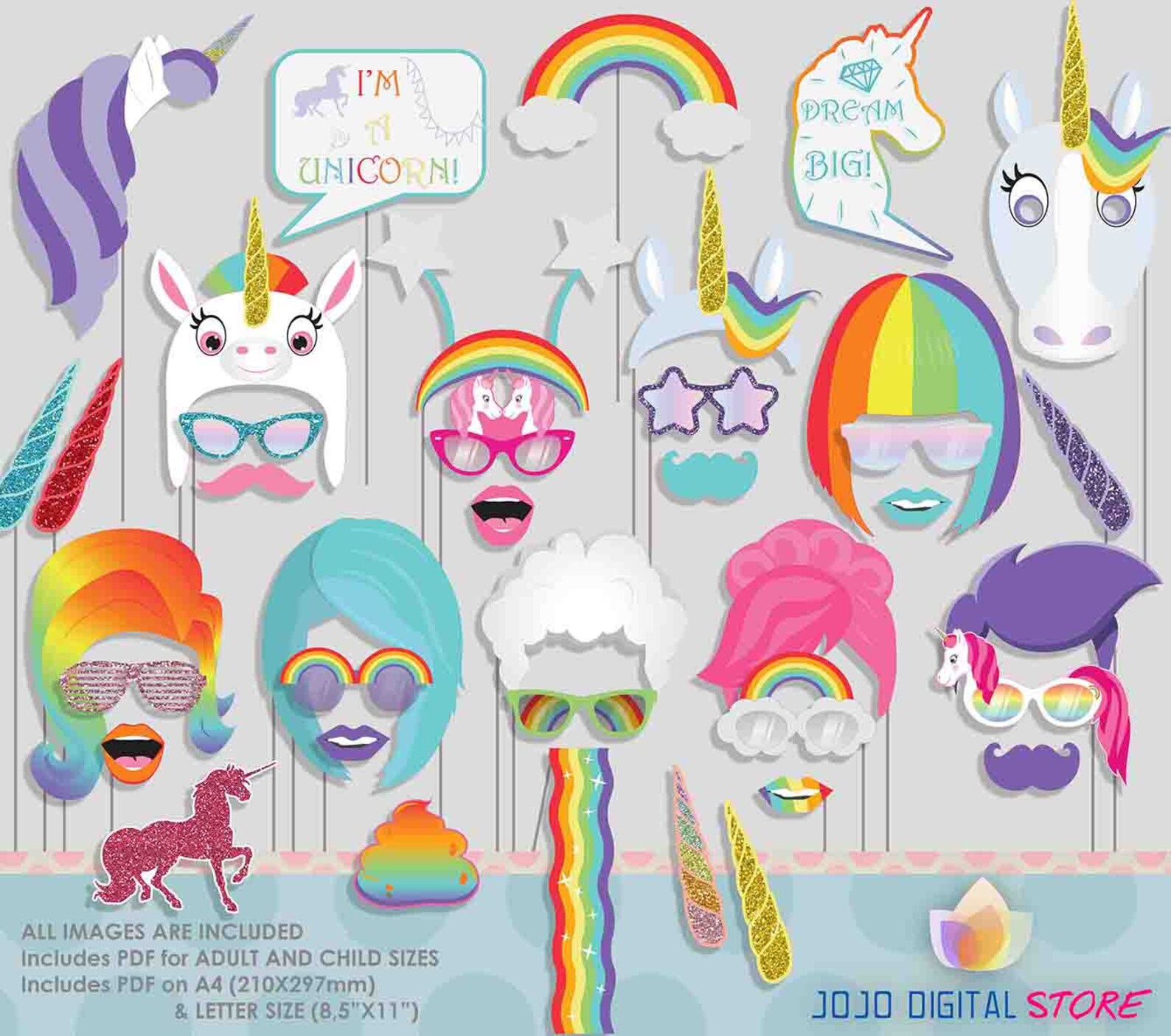 Rainbow Unicorn Photo Booth Props for Rainbow Unicorn Party - Etsy