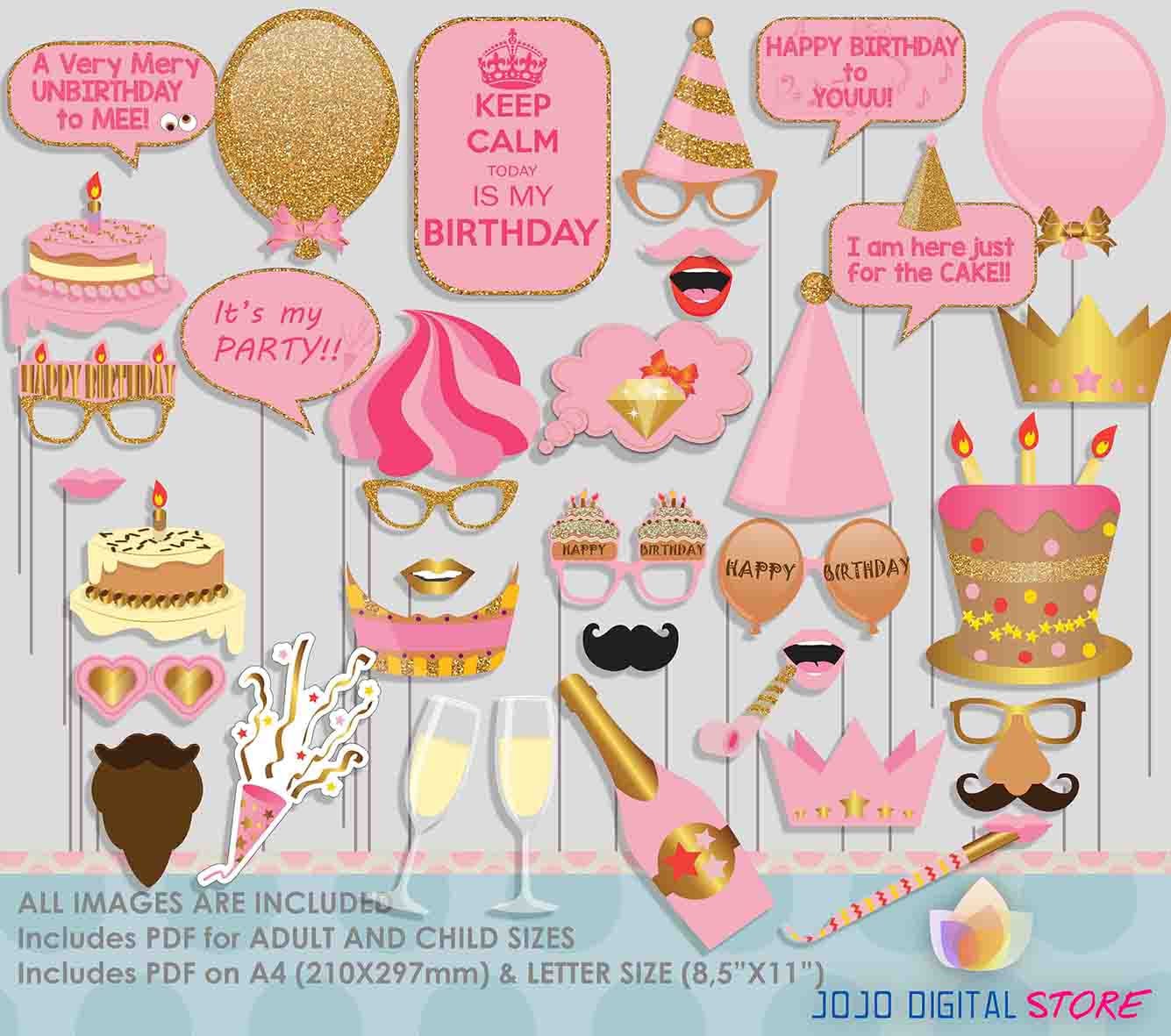 Glitter Gold Pink Birthday Party Photo Booth Props - Etsy