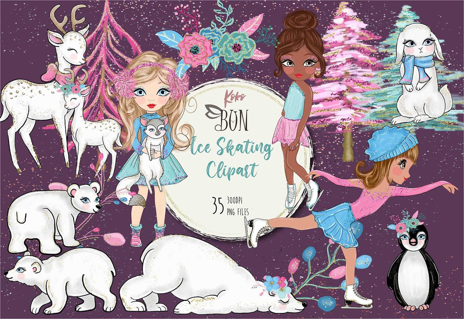 Ice Skating Clipart Graphics Watercolor Winter Animals - Etsy