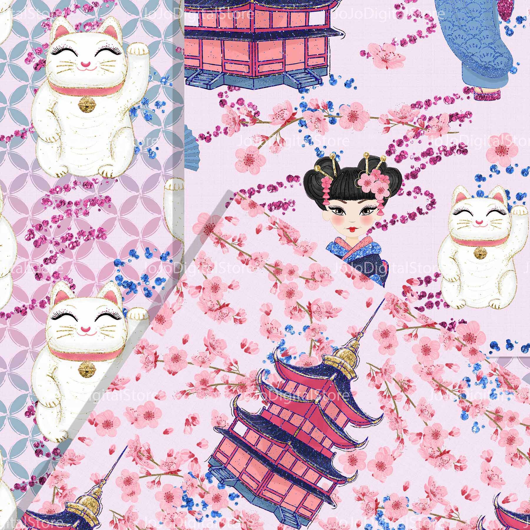 Adorable Japanese Cherry Blossom Digital Paper Set, Seamless Pattern ...