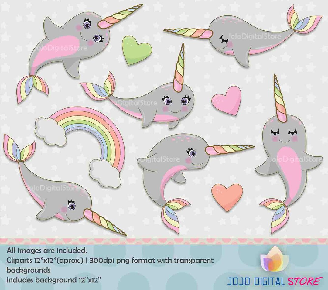 Pastel Rainbow Narwhal Clipart, Graphics, Pastel Rainbow Narwhal Party ...