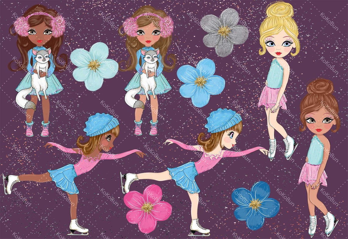 Ice Skating Clipart Graphics Watercolor Winter Animals - Etsy