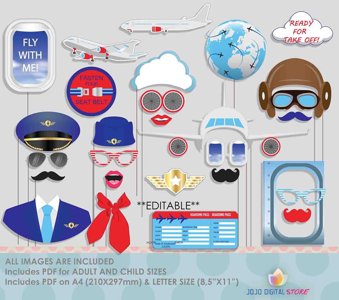 Editable Airplane Photo Booth Props for Aviator Pilot Party - Etsy