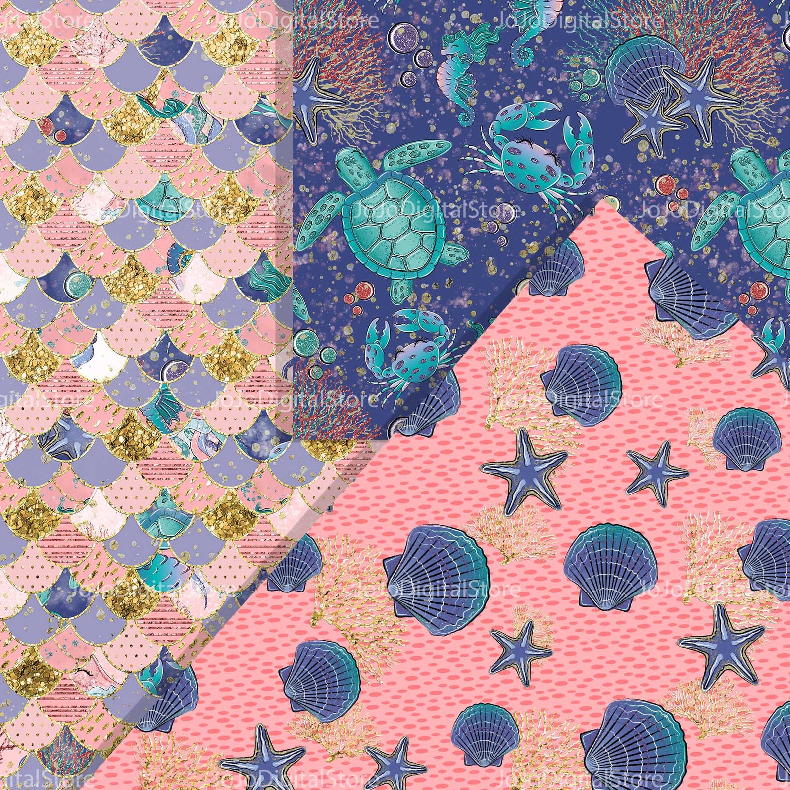 Adorable Mermaid Digital Paper Set, Seamless Pattern, Glitter Mermaid ...
