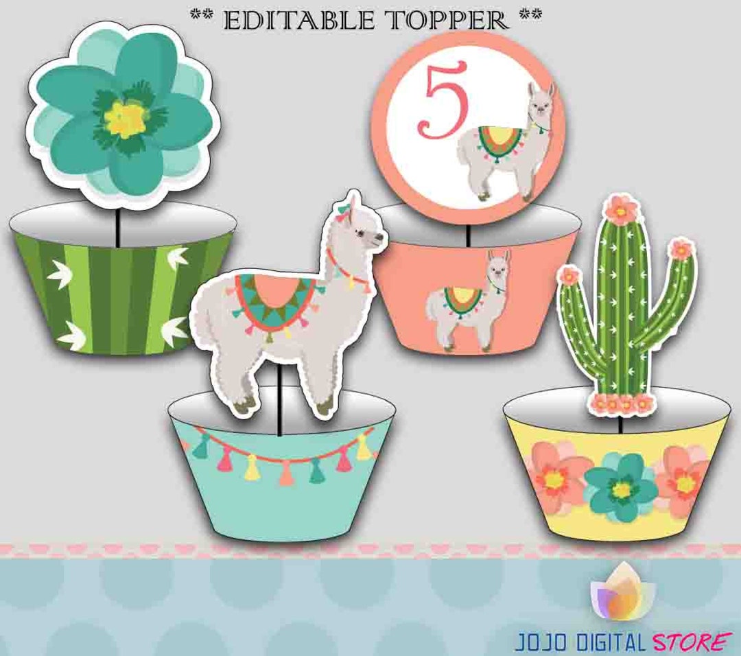 Editable Llama Cactus Cupcake Topper & Cupcake Wrapper Set for Llama ...