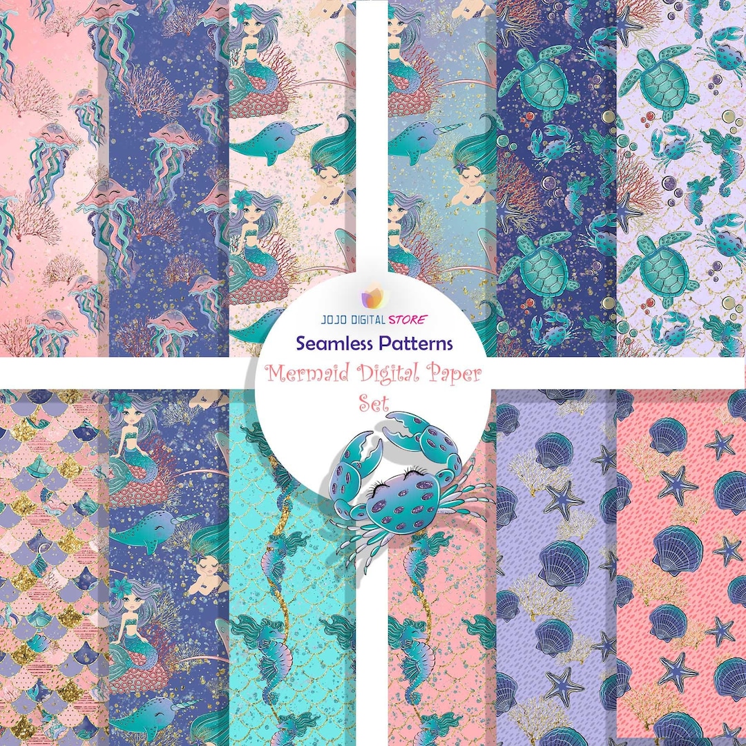 Adorable Mermaid Digital Paper Set, Seamless Pattern, Glitter Mermaid ...
