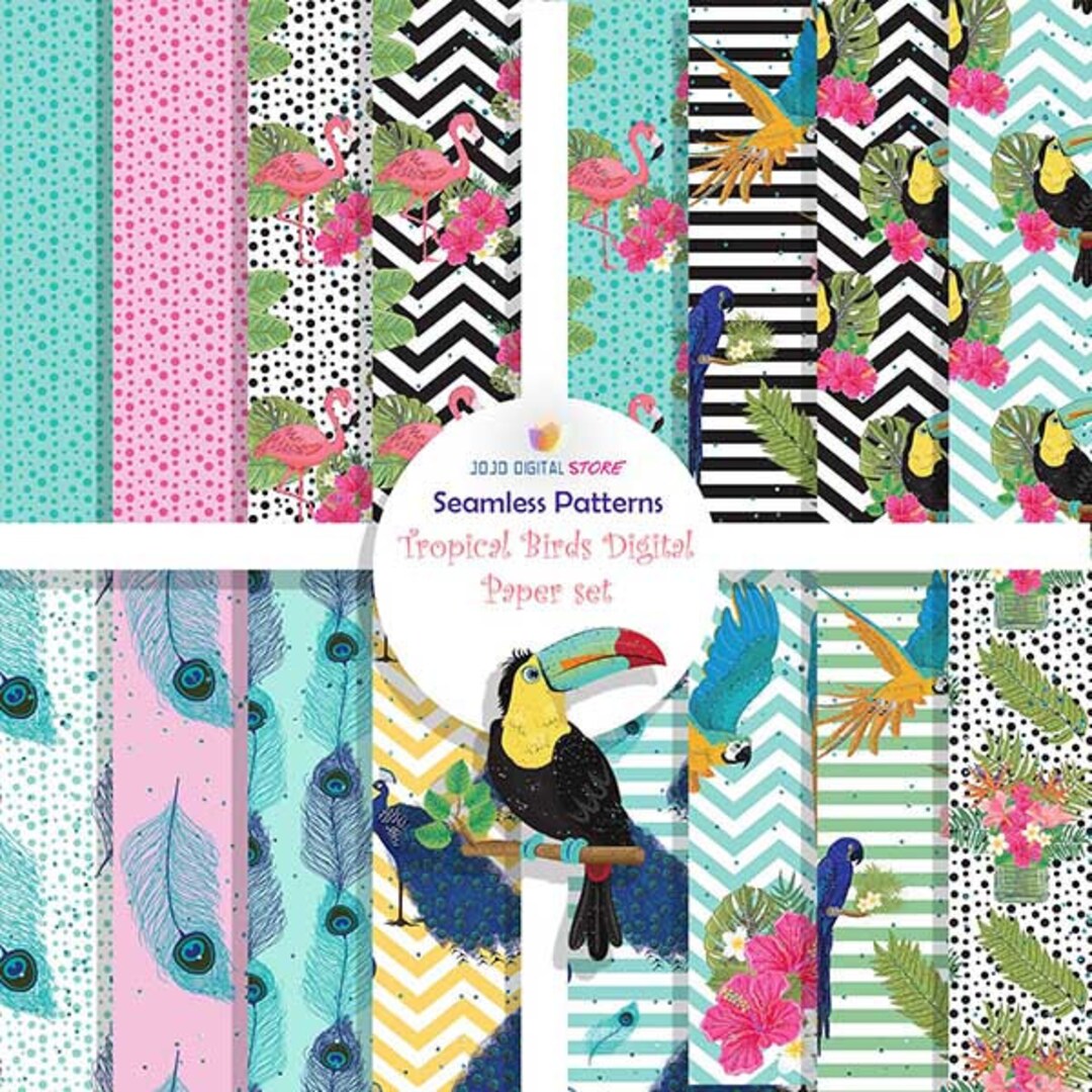 Tropical Birds! Birds Digital Paper Set, Seamless Pattern, Glitter ...