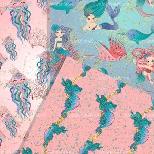 Adorable Mermaid Digital Paper Set, Seamless Pattern, Glitter Mermaid ...