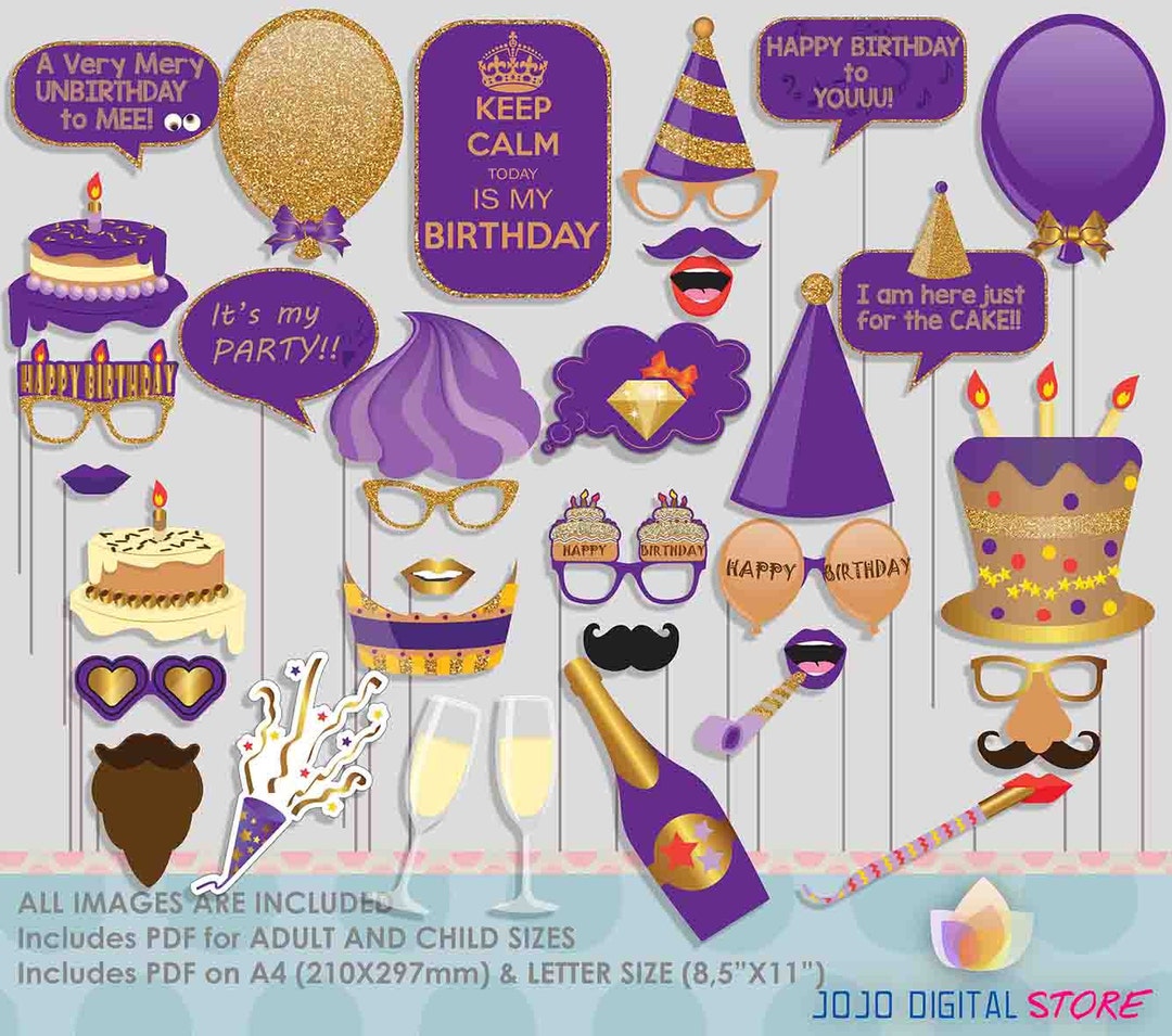 Glitter Gold Purple Birthday Party Photo Booth Props - Etsy