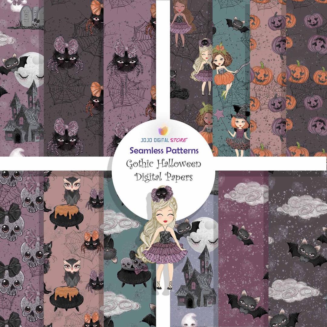 Halloween Gothic Girls Digital Paper Set, Seamless Pattern, Glitter ...
