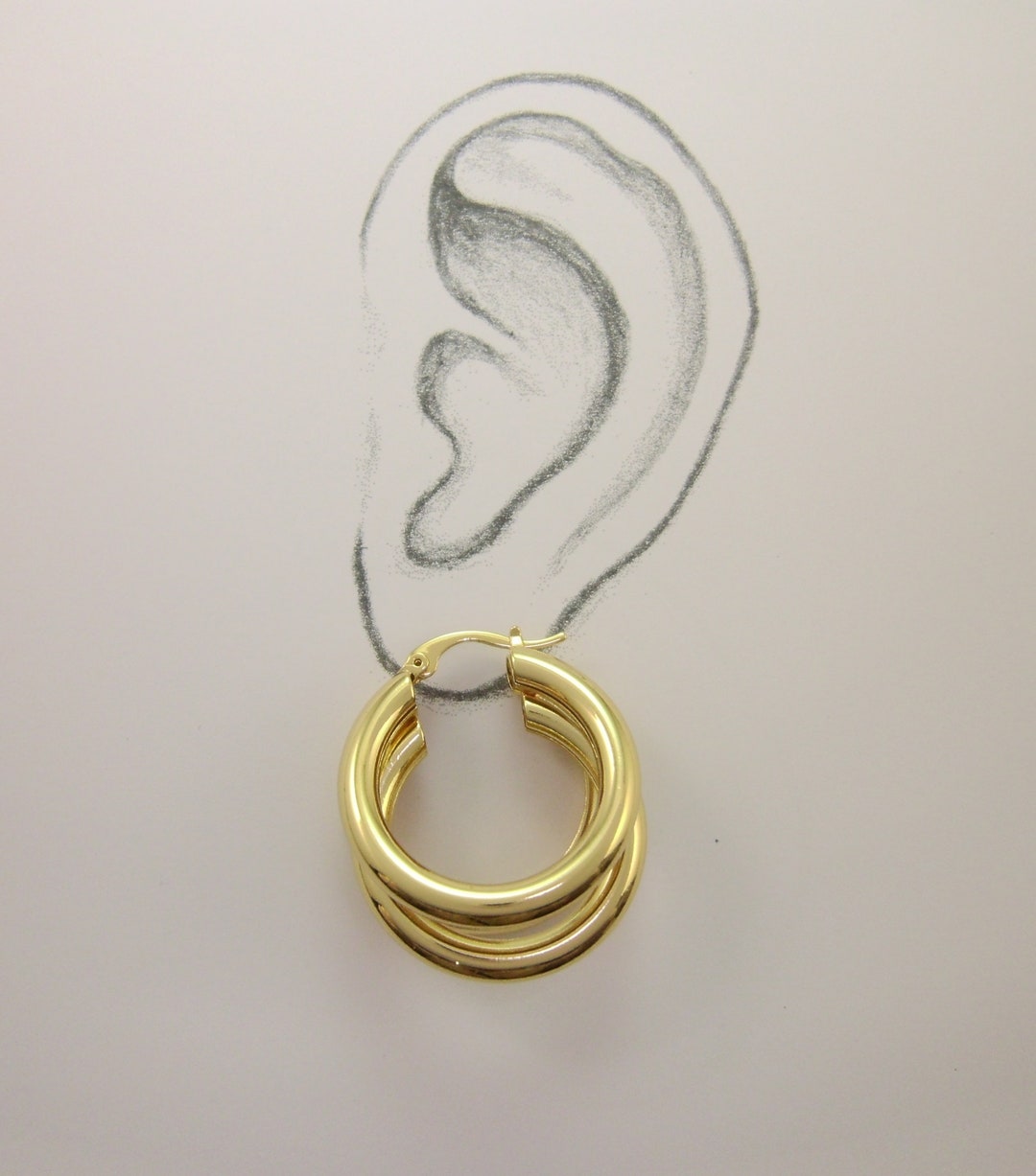 Handmade 1 Pair 33x19mm Three Hoop Rings Chunky 18K Gold Plated Brass ...