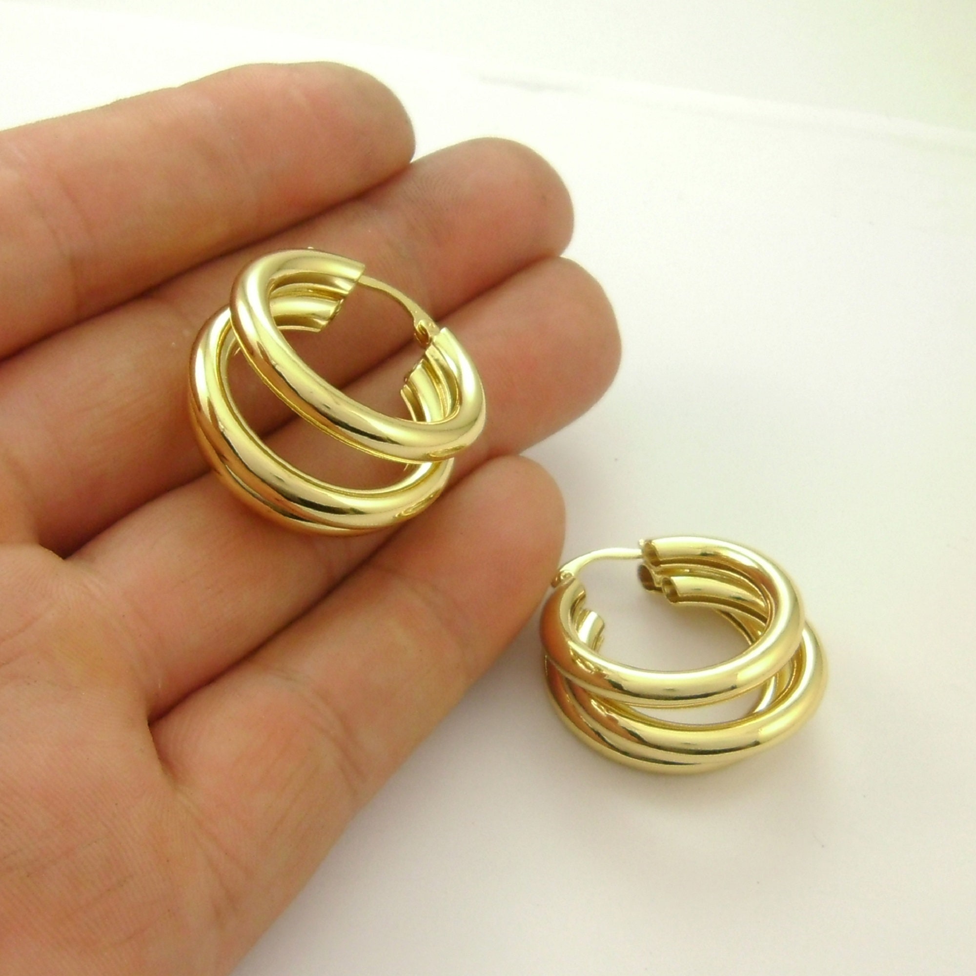 Handmade 1 Pair 33x19mm Three Hoop Rings Chunky 18K Gold | Etsy