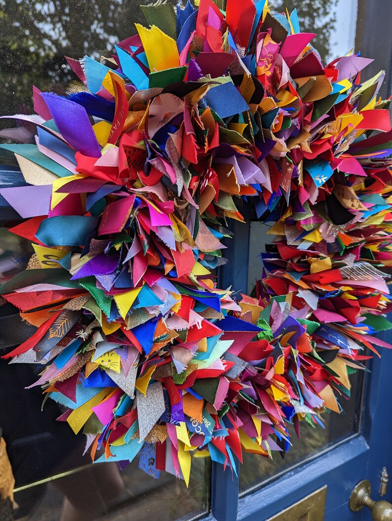 Rainbow Ribbon Wreath Eco Interior Decor Upcycled Ribbons Handsewn Into ...