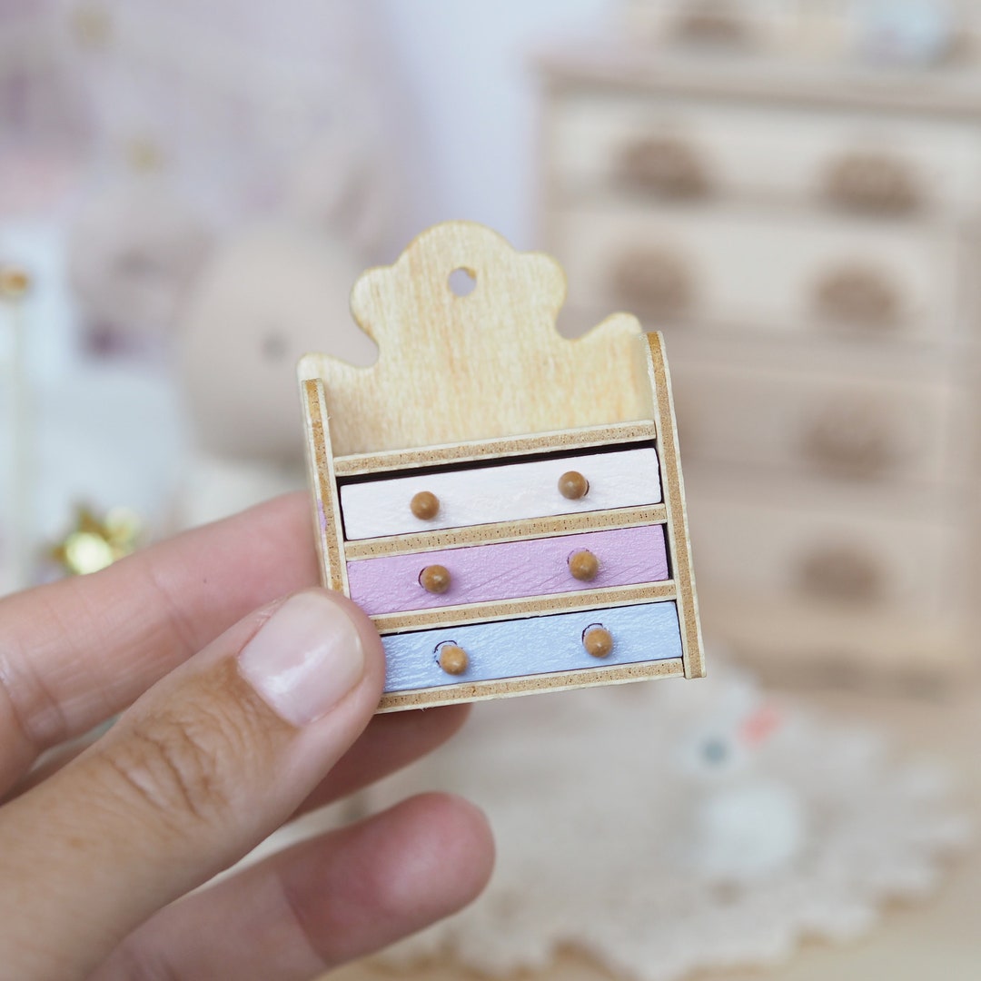 Miniature Wooden Shelf With Drawers - Modern Dollhouse Shelf - Barewood ...