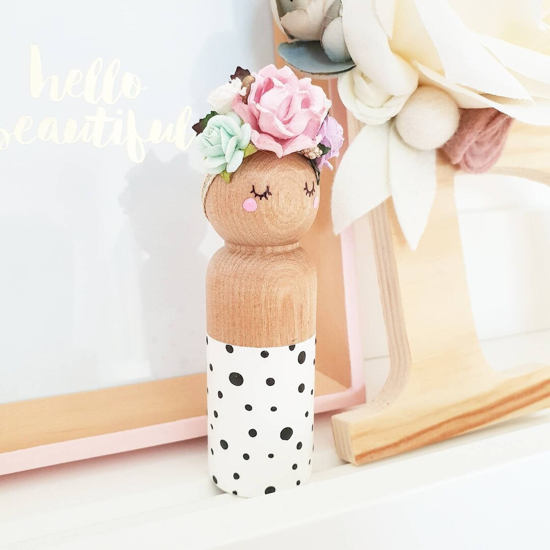 Monochrome Flower Crown Peg Doll - Black and White Nursery Decor ...