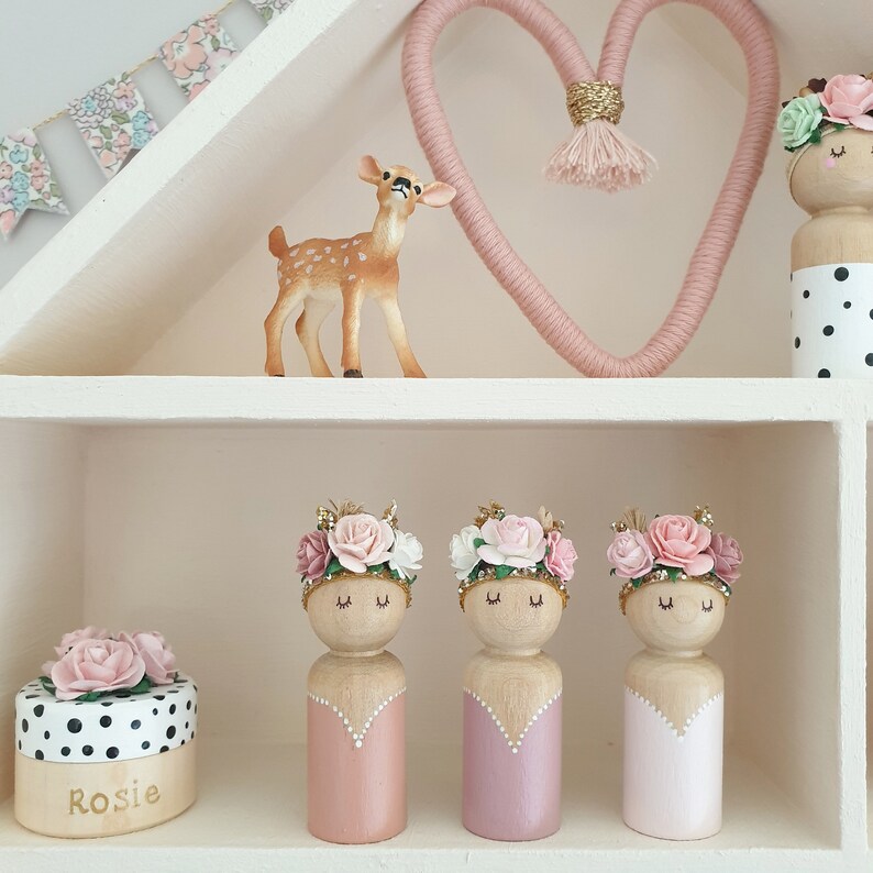 Pink Flower Crown Peg Dolls Set - Floral Girls Nursery Shelf Decor ...