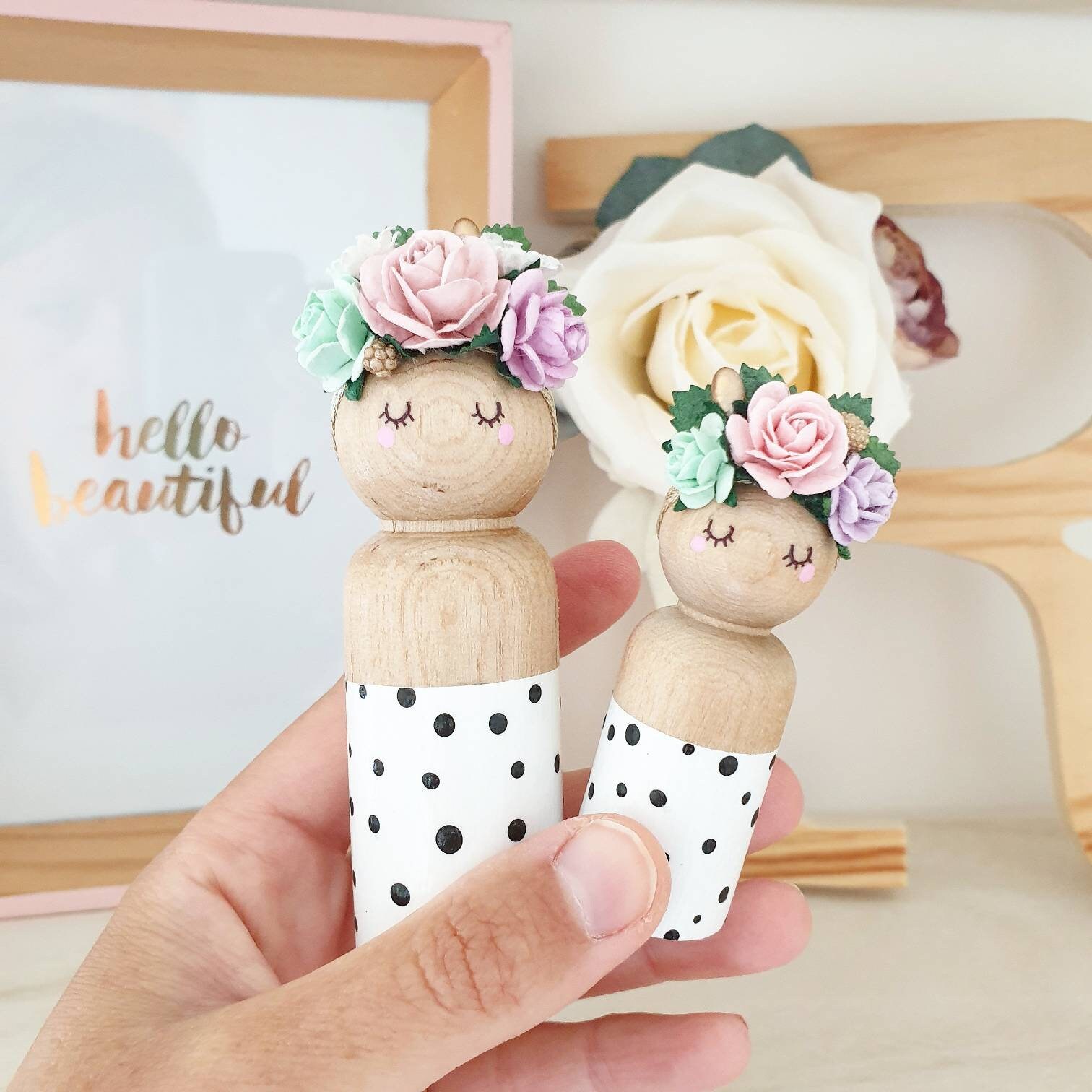 Monochrome Flower Crown Peg Dolls Mom and Girl New Baby | Etsy