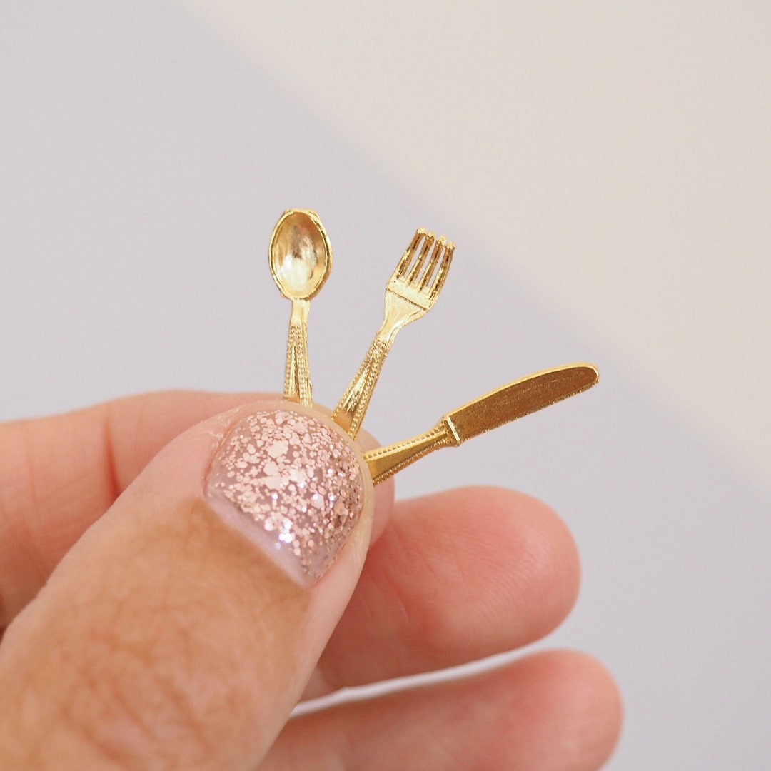 Miniature Dollhouse Gold Toy Cutlery Set 12 Piece - Dollhouse Tableware ...