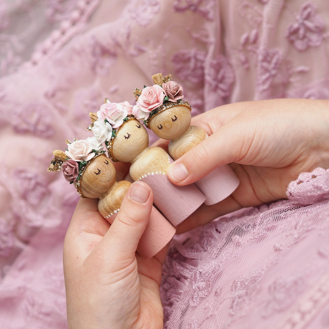 Pink Flower Crown Peg Dolls Set Wooden Toys Baby Gift Floral - Etsy