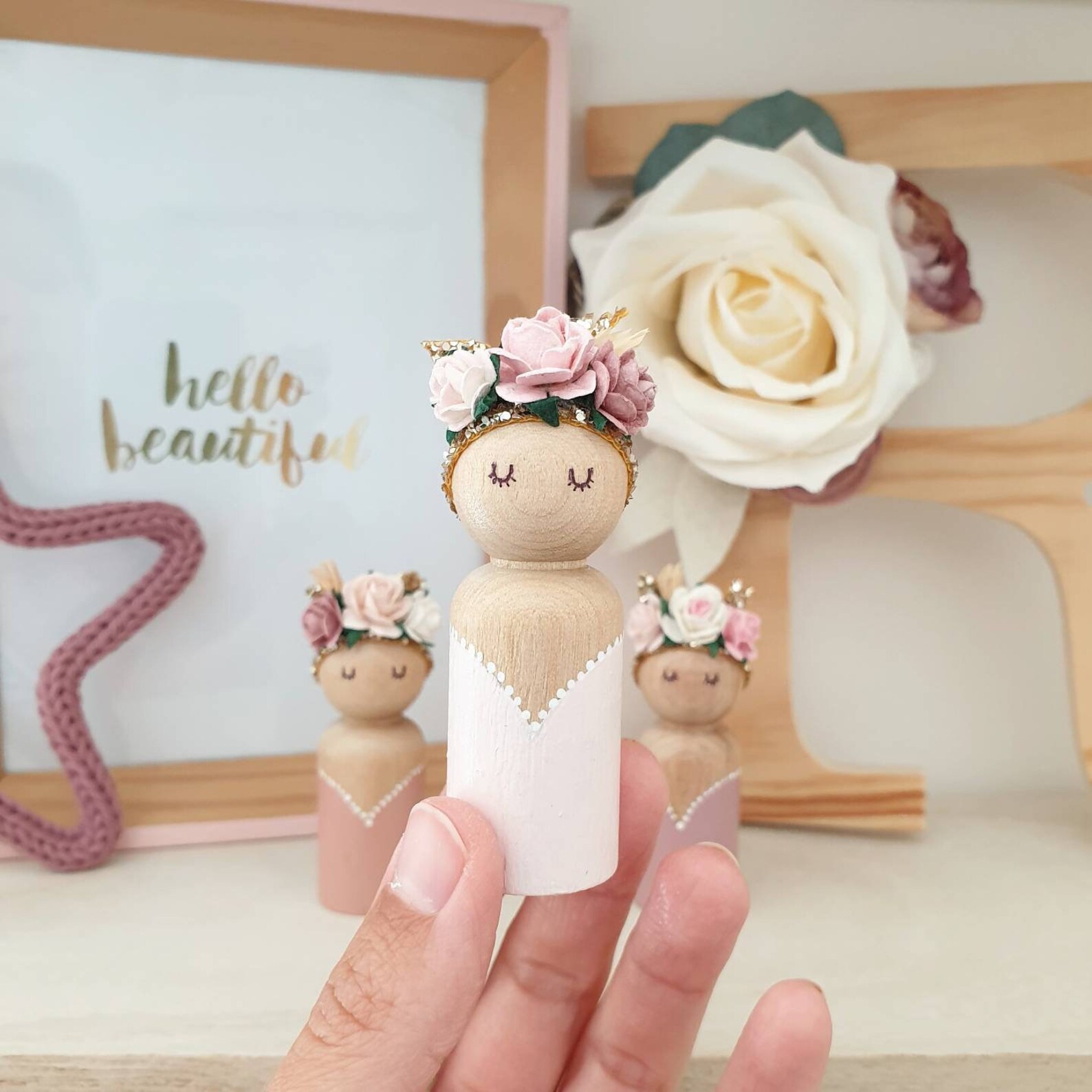 Pink Flower Crown Peg Dolls Set Wooden Toys Baby Gift Floral - Etsy